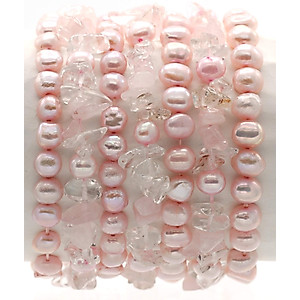LTC Designs Set of 7 Dyed Pink Cultured Freshwater Baroque (5.5-6mm) Pearl and Rose/Crystal Quartz Stretch Bracelets, 7.5" for Women