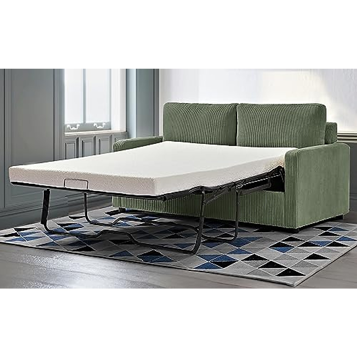 Container Furniture Direct Reversible Sleeper Sofa with Memory Foam Mattress, Comfortable and Durable Queen Size Bed Couch for Living Rooms, Upholstered with Corduroy Fabric, 70" Wide, Dark Green