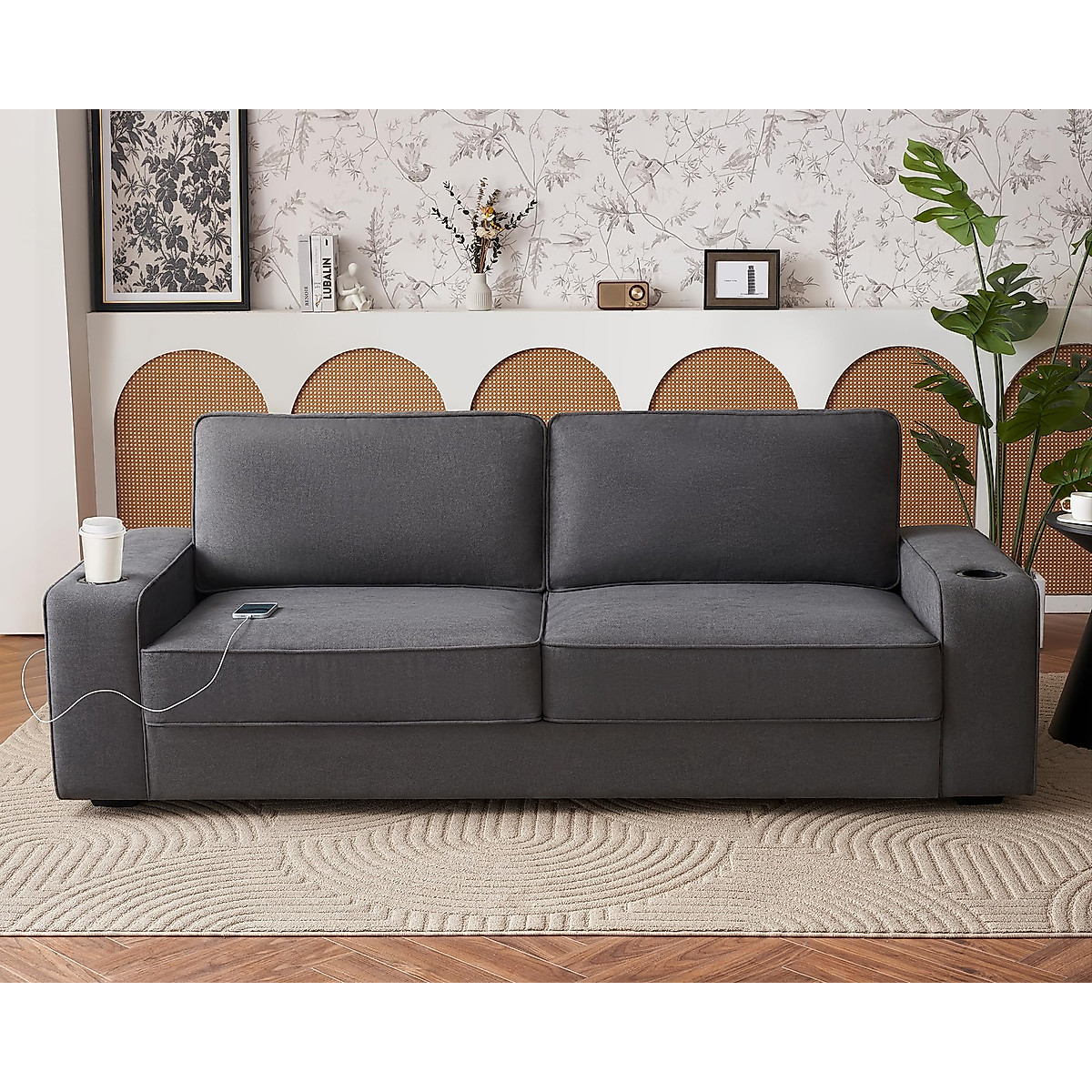 VanAcc Modern Sofa, 89in Couch- Comfy Sofa with Cup Holders & USB Charging Ports, Deep Seat Sofa Couch for Living Room, Charcoal Grey Chenille
