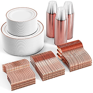 FOCUSLINE 600pcs Rose Gold Dinnerware Set for 100 Guests, Rose Gold Rim Plastic Plates Disposable, 100 Dinner Plates, 100 Salad Plates,100 Cups,100 Silverware Set for Wedding Parties