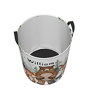 Woodland Animals Personalized Laundry Basket Name Clothes Hamper with Handles Waterproof Laundry Storage Baskets for Bedroom Bathroom Decor.