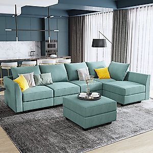 HONBAY Convertible Sectional Sofa with Ottman Set Modular Sectional Couch with Reversible Chaise L Shaped Modular Sofa with Storage Seats for Living Room, Aqua Blue