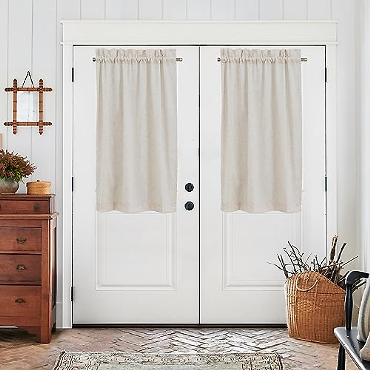 jinchan Beige Kitchen Curtains Linen Tier Curtains 45 Inches Farmhouse Cafe Curtains Light Filtering Flax Country Rustic Bathroom RV 2 Panels Crude