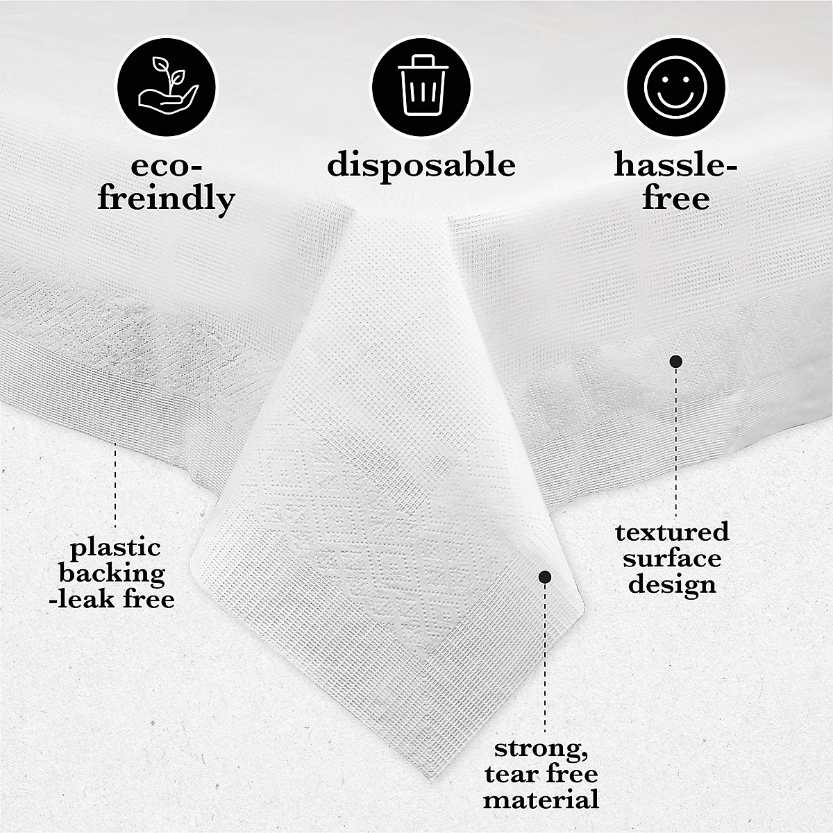 PLASTICPRO Disposable 3 Ply Paper & Plastic Tablecloth Absorbent, Waterproof, White Table Cover for Rectangle Tables fits 6-8 Foot Tables Size: 54'' X 108'' Pack of 5