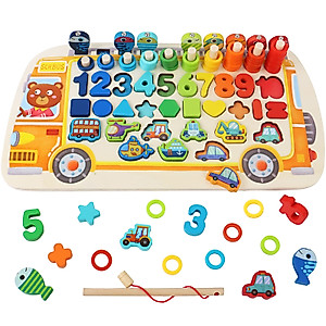 Busy School Bus Learning Montessori Toys for Preschool Toddlers, Puzzles, Math Games, Numbers, Shapes Classifiers, Counting, Stacking and Fishing, Activity Gifts for Boys and Girls of 3 to 5 Years