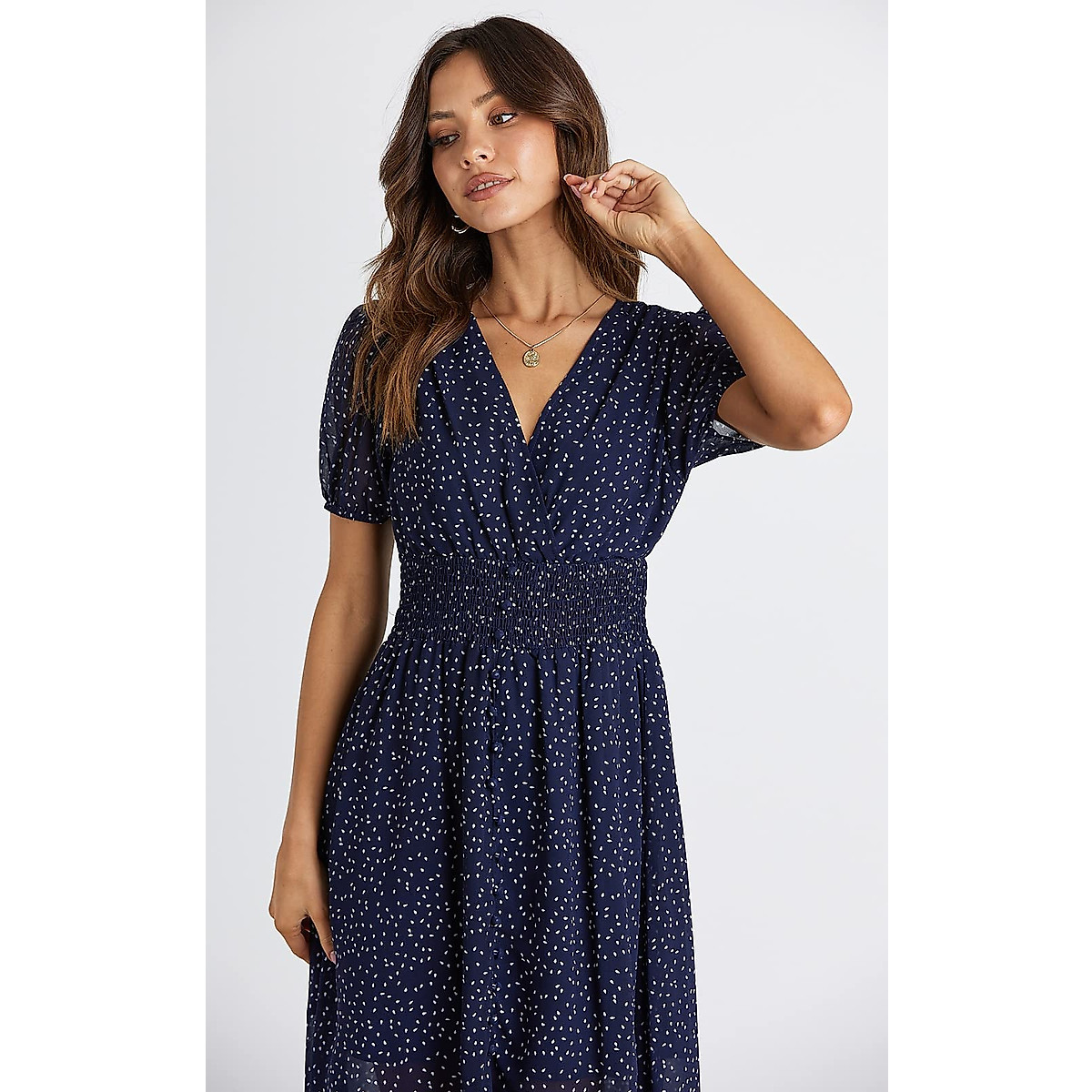 PRETTYGARDEN Puff Sleeve Floral Easter Dress for Women High Low Hem Wrap V Neck Summer Dress Smocked Waist Flowy Midi Dress (Bright Blue, Large)