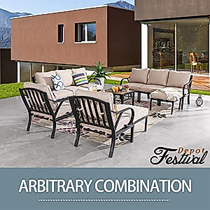 Festival Depot 12 Pieces Patio Conversation Set Sectional Sofa Armchair Ottoman with Thick Cushions and Side Coffee Table All Weather Metal Outdoor Furniture for Deck Garden, Beige
