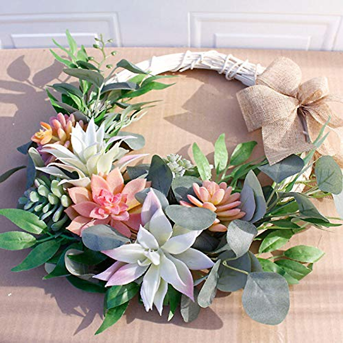 SYLOTS Artificial Succulent Wreath Door with Knotted Bow, Lrnn Fake Leaves Wreath Succulent Plants Hanging Wall Window Party Decoration for The Front Door, Home Decor in Summer and Fall, Weddings