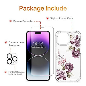 GVIEWIN Designed for iPhone 14 Pro Max Case, Screen Protector + Camera Lens Protector Flower Shockproof Clear Floral Design Protective Women Phone Cover, 6.7 Inch 2022 (Cherry Blossoms/Purple)