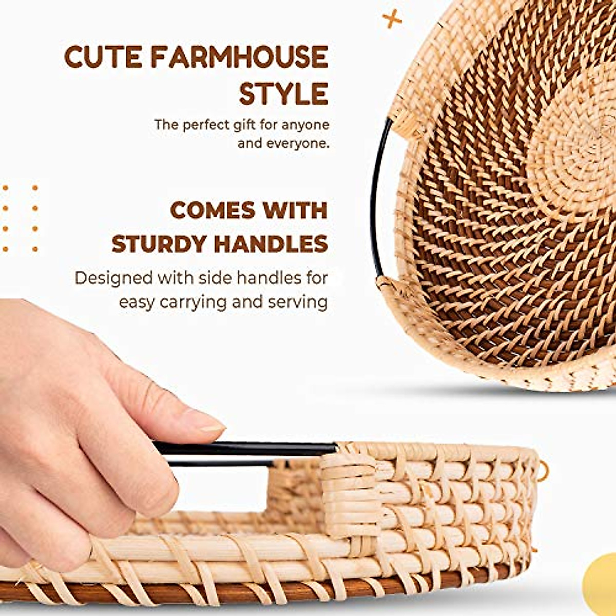 Round Serving Tray with Handles - 12" Rattan Tray with Stainless Steel Holder for Coffee Table Decor, Ottoman Tray, Home Decor, Living Room, Bathroom & Kitchen That's Multipurpose & Decorative