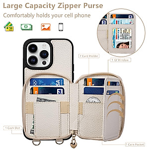 Keallce Compatible with iPhone 15 Pro Max 6.7 inch Case Wallet, Crossbody Zipper with RFID Blocking Card Slots Kickstand, Lanyard & Handstrap Flip Leather Cover for iPhone 15 Pro Max 2023, Beige