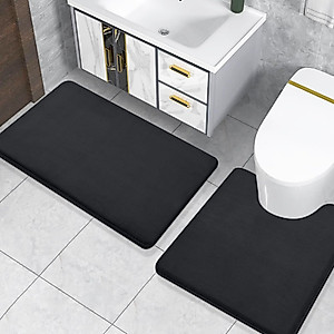 smiry Memory Foam U-Shaped Toilet Bathroom Rugs, Extra Soft Absorbent Non-Slip Contoured Rugs, Machine Washable Contour Bath Mats for Bathroom Toilet, 24" x 20", Black