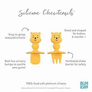 Bumkins Disney Baby Utensils Set, Chewtensils Silicone Spoons for Dipping, Self-Feeding, Baby Led Weaning, Trainer Learning First Stage Stage Eating, Fork and Spoon, Babies 6 Months, Winnie the Pooh