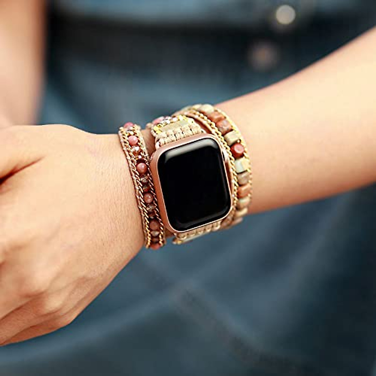 BOKIIWAY Handmade Beaded Boho Watch Bracelet Band Compatible with Apple Watch 38mm/40mm/41mm/42mm/44mm/45mm-Watch Strap for Iwatch Series 8/7/6/5/4/3/2/1/SE for Women (38/40/41mm, Mahogany Grain)