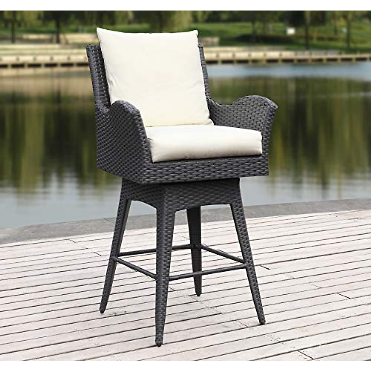Safavieh PAT2515A Collection Hayes Black and Beige Outdoor Wicker Swivel Armed Counter Stool