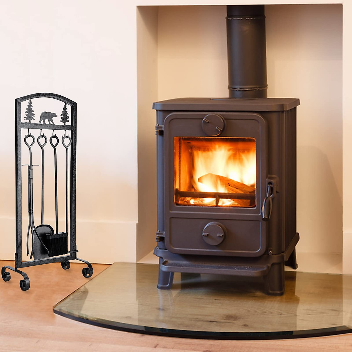 MYFIREPLACEDIRECT 5 Pieces Fireplace Tool Set Strength Wrought Iron, Fire Place Toolset Indoor Outdoor Hearth Accessories Kit with Fireplace Brush, Fire Poker, Firewood Tong, Fireplace Shovel, Glove