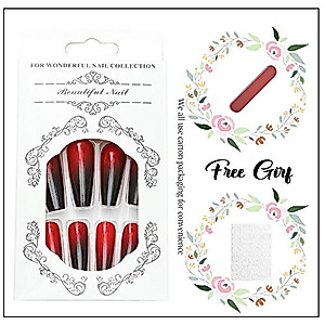 Uranian Coffin Press on Nails Long Black Fake Nails with Designs Ombre Glossy False Nails Full Cover French Tip Nails Halloween Acrylic Nails for Women and Girls (24pcs)