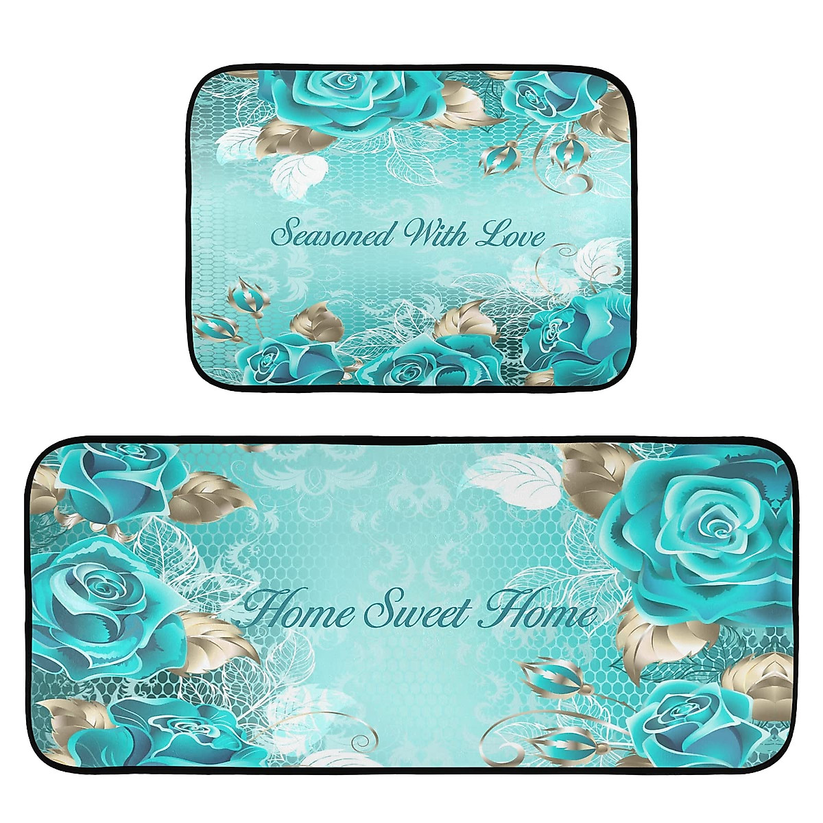 Turquoise Kitchen Rugs and Mats 2 Piece Non Slip Washable Teal Runner Rug Set for Floor Rose Kitchen Decor and Accessories Sweet Home Seasoned Love