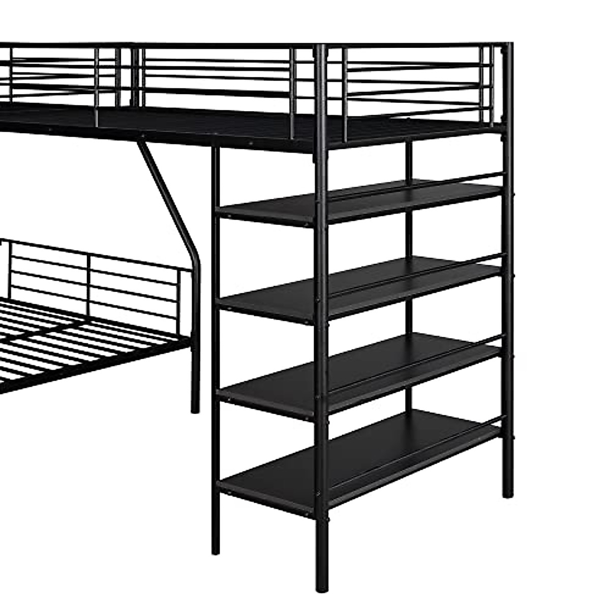 RORIGAT L-Shaped Twin Over Full Bunk Bed，Twin Size Loft Bed Full-Length Guard Rails，Triple Bunk Bed with Four Built-in Shelves and One Ladder for Bedroom, Dorm, Boys, Girls, Adults,Black