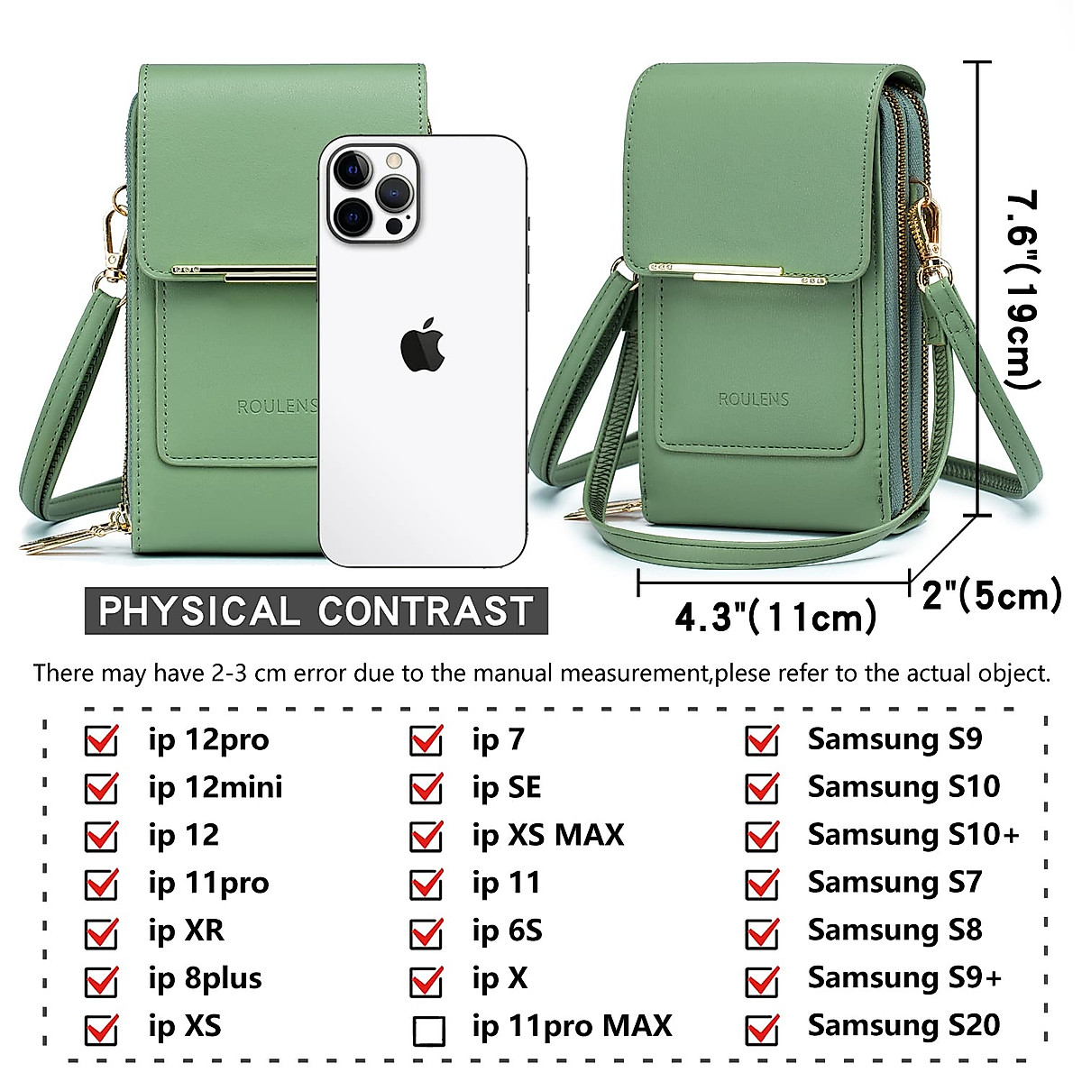 Roulens Small Crossbody Cell Phone Purse for Women, Touch Screen Bag Shoulder Handbag Wallet with Credit Card Slots