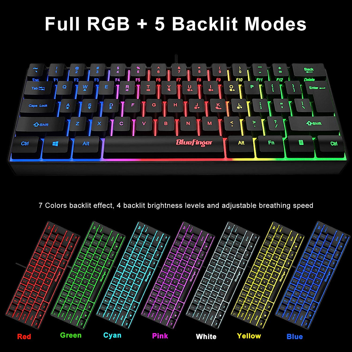 BlueFinger 60% Gaming Keyboard and Mouse Combo, Compact 61 Keys RGB Rainbow Backlit USB Wired Gaming Keyboard with Illuminated Gaming Mouse for PC Laptop Computer Gamer Office Work