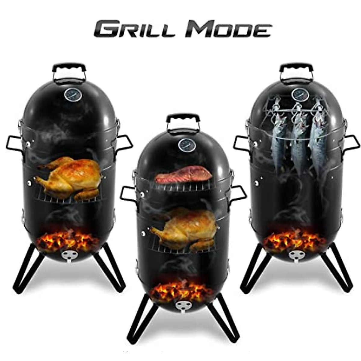 CUE WAY K-1 Vertical Charcoal Smoker Combo with Fish Hooks, 14-inch ...