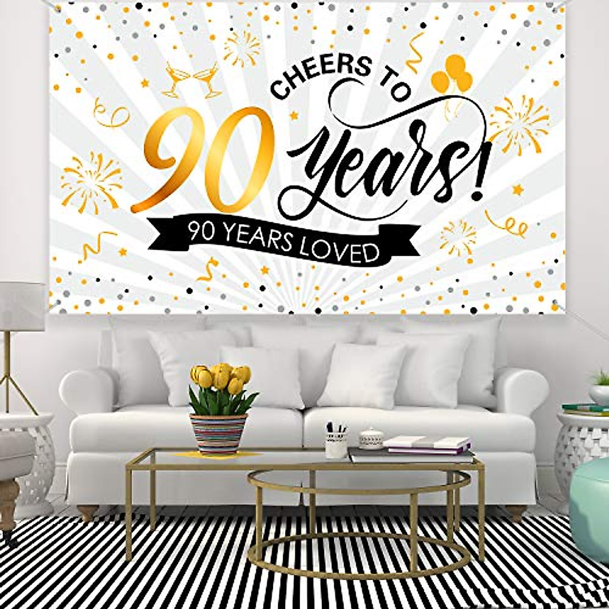Happy 90th Birthday Backdrop Background Banner Large Men Women 90th Anniversary Backdrop Photo Booth Cheers to 90 Years Banner for 90th Birthday Party Decorations Supplies 72.8 x 43.3 inch