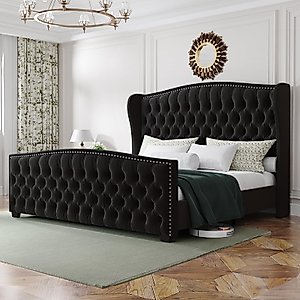 LUXOAK King Platform Bed Frame with Wingback Headboard, Velvet Upholstered Bed Frame with Handmade Button Tufted & Nailhead, Wooden Slats Support, Black