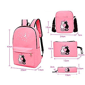 4Pcs Cute Cat Prints Canvas Primary School Bag Rucksack Backpack Set for Girls Elementary Bookbag