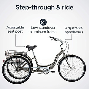 Schwinn Meridian Adult Tricycle Bike, Mens and Womens Three Wheel Beach Cruiser, 26-Inch Wheels, Low Step-Through Frame, Wide Seat, Rear Folding Basket, 1-Speed, Dark Silver
