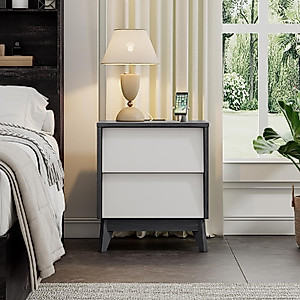 AMERLIFE Nightstands Set of 2, Mid-Century End Side Table with Beveled Drawers & Charging Station, Modern Storage Cabinet for Bedroom, Office, White & Black Walnut