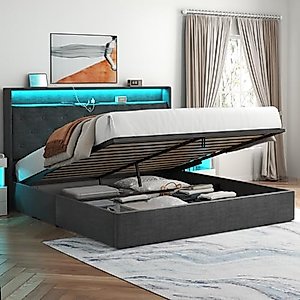 Loomie King Lift Up Bed Frame with Charging Station & LED Lights, Upholstered Bed with Button Tufted Wingback Storage Headboard, Hydraulic Storage, No Box Spring Needed, Wood Slats Support,Dark Grey