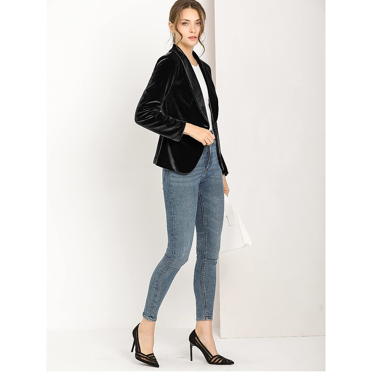 Allegra K Women's Christmas Office Coat Solid Shawl Collar 1 Button Velvet Blazer X-Large Black