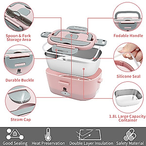 Electric Lunch Box Food Heater, Upgraded 80W Food Heated Electric Heating Lunch Box, 3 in 1 12V 24V 110-220V Portable Food Warmer Lunch Box with 304 SS Container Fork Spoon & Insulated Bag (Pink)