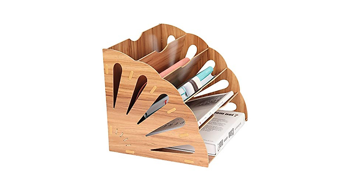 Wood File Folder Holder with 5 Compartments for Desk Organization