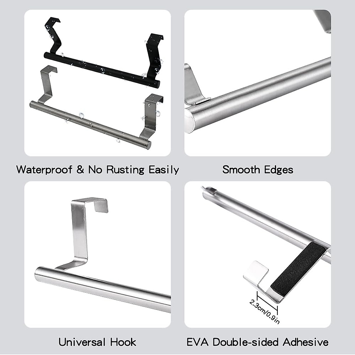 Over Cabinet Towel Bar, Cabinet Door Towel Holder, Silver Over The Door Towel Rack, Dish Towel Holder for Kitchen Cabinet, Kitchen Towel Hanger, 2 Pack, 9 inch (Stainless Steel)