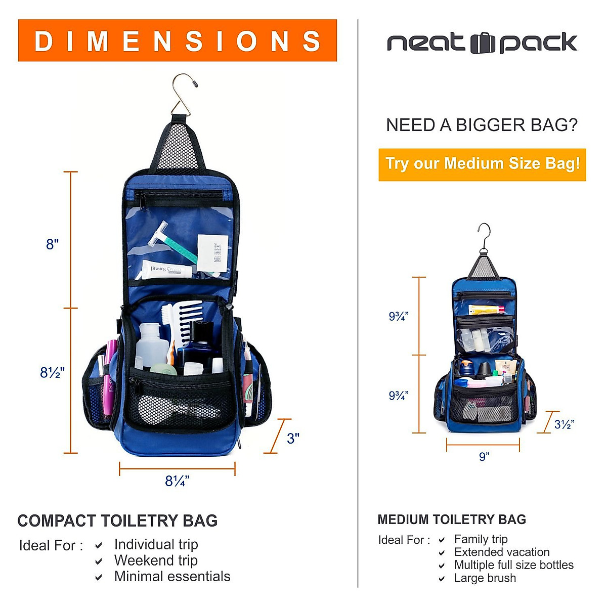 NeatPack Compact Hanging Toiletry Bag and Organizer, Water Resistant with Mesh Pockets (Marine)