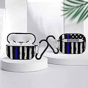 Shockproof Headphone Case Compatible with AirPods Pro Wireless Charging Case American Thin Blue Line Flag Police Pattern Black, Smooth Plastic Case Cover Accessory with Keychain