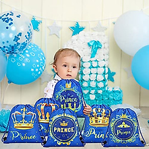 Sweetude 24 Pcs Prince Party Gifts Bags Prince Crown Blue Drawstring Bags Decoration Favor Storage for Boys Kids Birthday Wedding Party Decoration