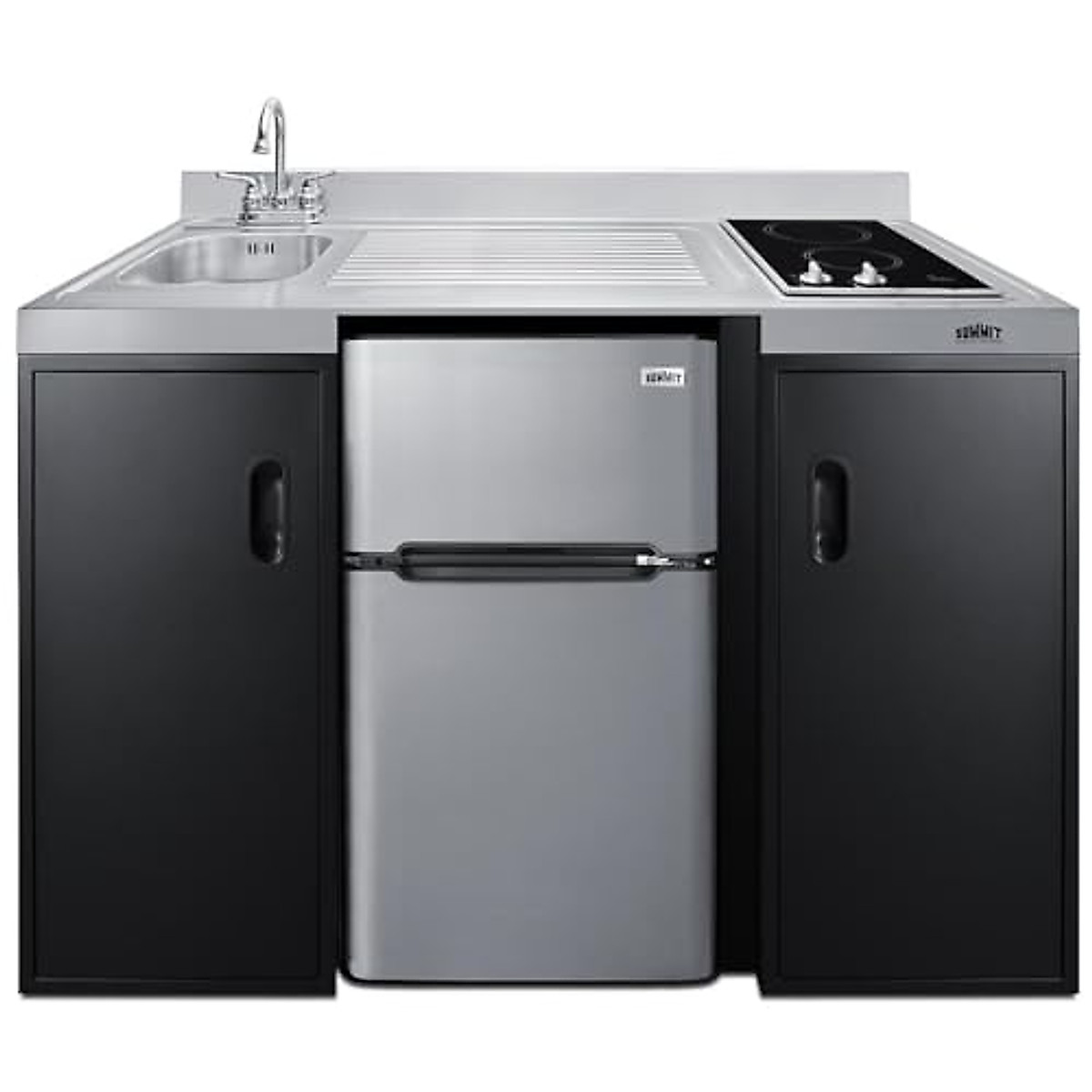 Summit Appliance CK55ADASINKR 54” Wide All-in-One Kitchenette in Black with a 2-Burner 115V Cooktop, 2-Door Refrigerator-Freezer, Sink, and Large Storage Cabinet (SINKR)