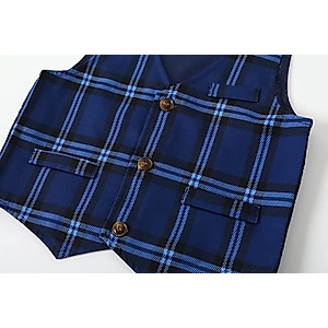 PureMilk Infant Tuxedo Long Sleeve Dress Suit Shirt + Blue Plaid Vest + Plaid Pants 3PCS Clothes Sets for Baby Boy Blue 12-18M