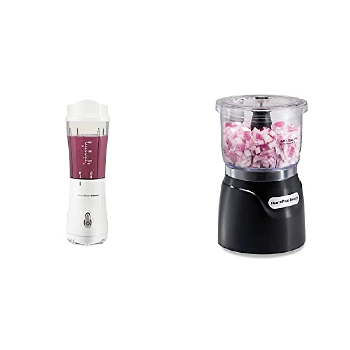 Hamilton Beach Personal Blender for Shakes and Smoothies with 14oz Travel Cup and Lid, White (51101V) & Electric Vegetable Chopper & Mini Food Processor, 3-Cup, 350 Watts, Black (72850)