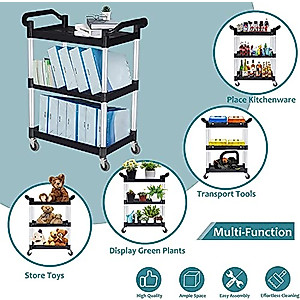 GOLDCAN Utility Carts with Wheels, Heavy Duty Rolling Carts Food Service Cart, 3-Tiers Plastic Cart with Rubber Hammer for Restaurant, Classroom, Warehouse