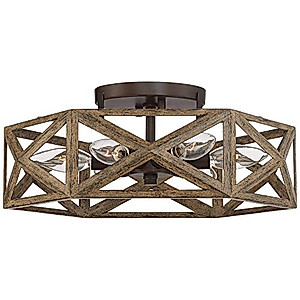 Possini Euro Design Moorcroft Rustic Farmhouse Ceiling Light Semi Flush-Mount Fixture 14 1/2" Wide Dark Wood Oil Rubbed Bronze 6-Light Open Hexagon Frame for Bedroom Kitchen Living Room Hallway