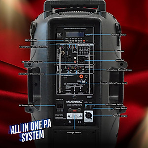 MUSYSIC PA Power Bluetooth Speaker 2000W with Dual UHF Wireless Microphones Bluetooth/FM/USB/SD PA System 15” Speaker with Rechargeable Battery MU-U15PA
