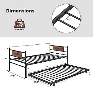 Giantex Metal Daybed with Trundle, Twin Size Day Bed with Wood Grain Headboard & Metal Slat Support, Space-Saving Trundle Sofa Bed for Living Room Guest Room, Easy Assembly, No Box Spring Needed