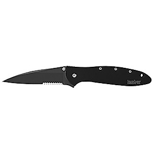 Kershaw Leek Black Serrated EDC Pocketknife, 3" Sandvik 14C28N Steel Blade, Assisted Opening Folding Knife