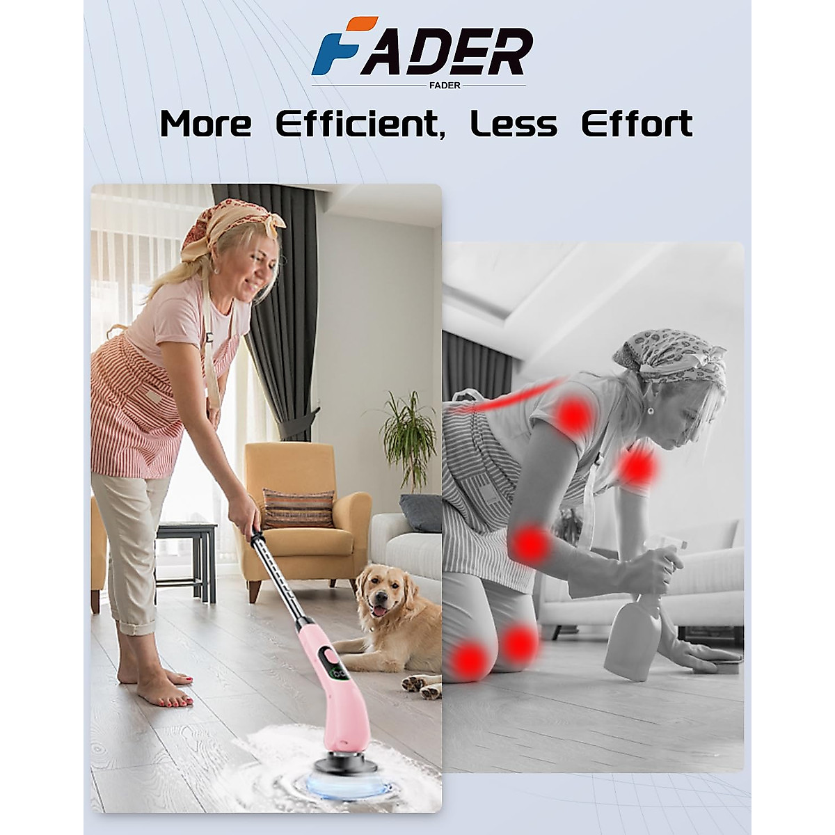 Fader Electric Spin Scrubber, New Cordless Shower Scrubber with 8 Replaceable Brush Heads and Adjustable Extension Handle, Power Cleaning Brush for Bathroom, Kitchen, Car, Tile, Wall, Floor-Pink