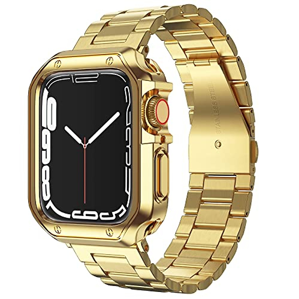 Compatible with Apple Watch Band and Case, Stainless Steel Metal Chain with TPU Cover, Smart-Watch Link Bracelet Strap, Wrist-Band for i-Watch Series 8 7 6 5 4 3 2 1 SE SE2, 45mm 44mm 42mm, Gold