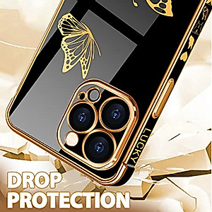 Petitian for iPhone 14 Pro Max Case, Cute Women Girls Gold Designed Butterflies Phone Cases for iPhone 14 Pro Max, Girly Gold Plating Phone Cover for 14 Pro Max with Camera Protector Black